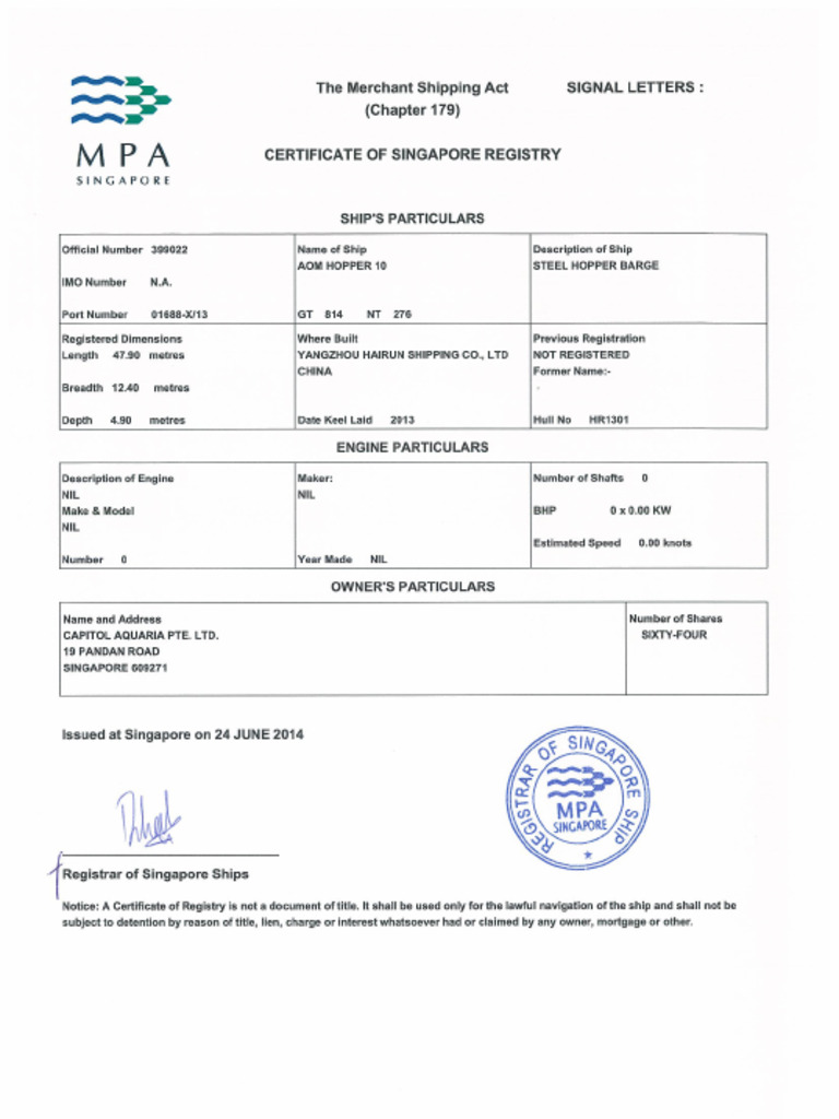 AOM HOPPER 10 - MPA COR Certificate of Singapore Registry | PDF