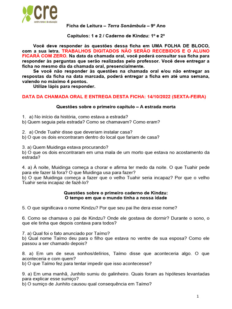 1 Ficha - Terra Sonâmbula | PDF