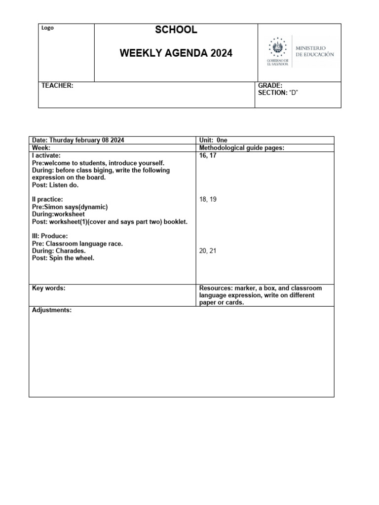 Weekly Agenda for English Classes | PDF | Linguistics