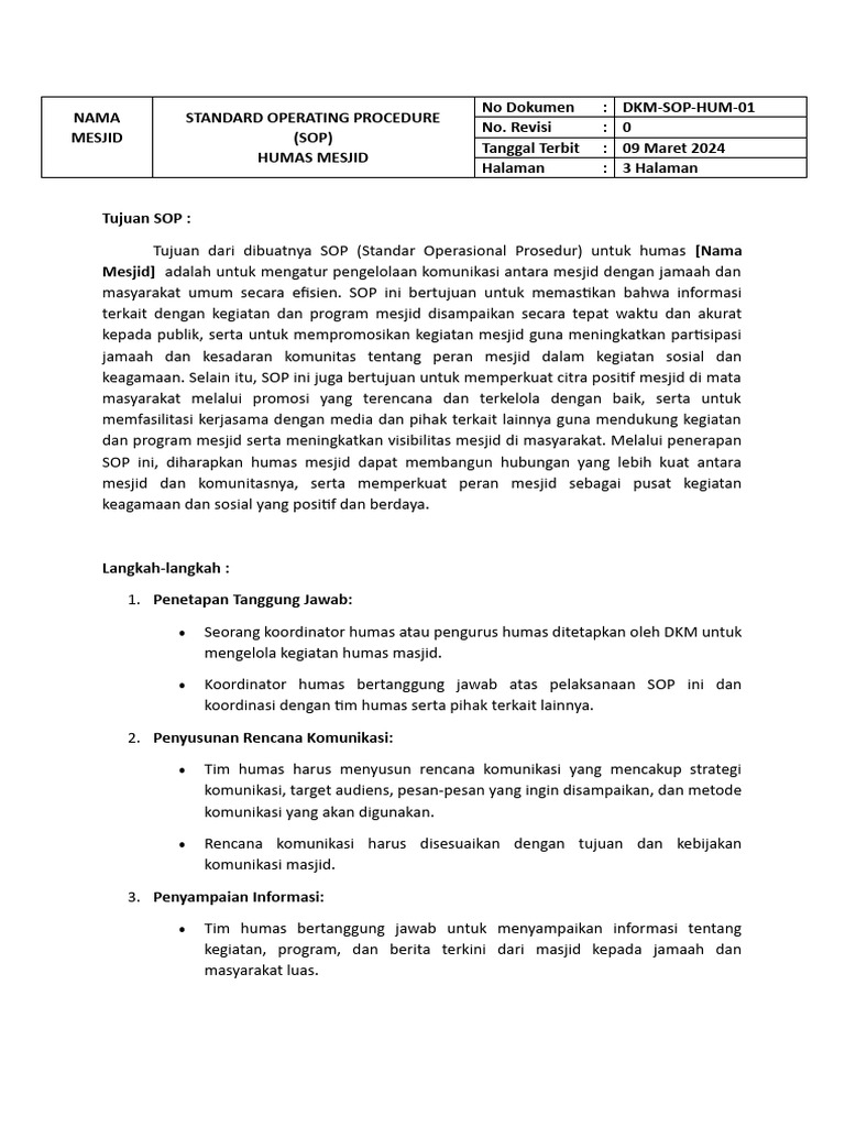 SOP Humas Mesjid: Panduan Efektif | PDF