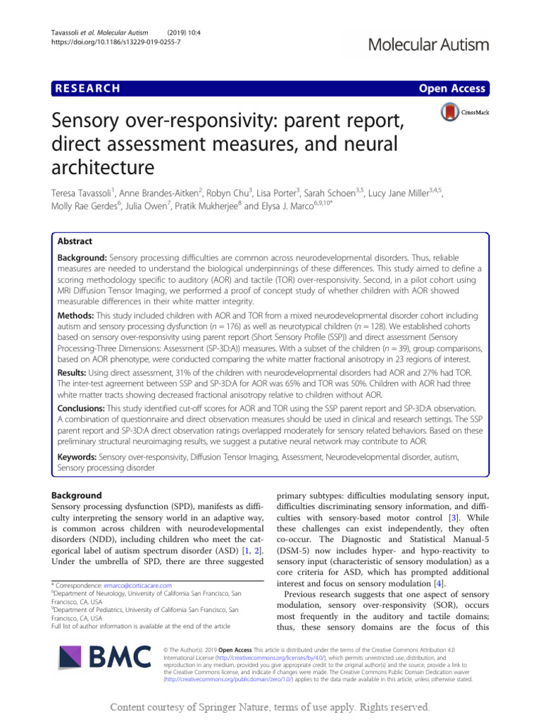 Sensory Over-Responsivity Parent Report Direct Ass | PDF | Neuroscience ...