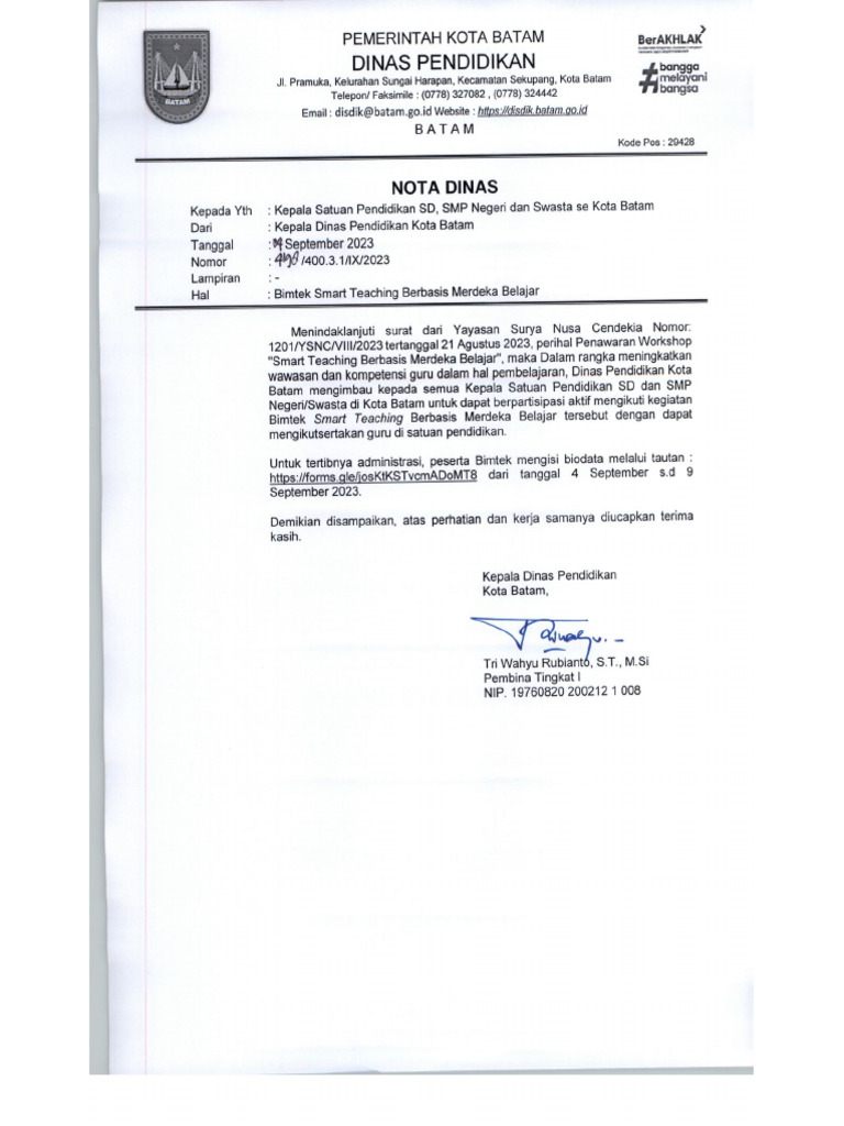 Nota Dinas Bimtek Smart Teaching Berbasis Merdeka Belajar | PDF