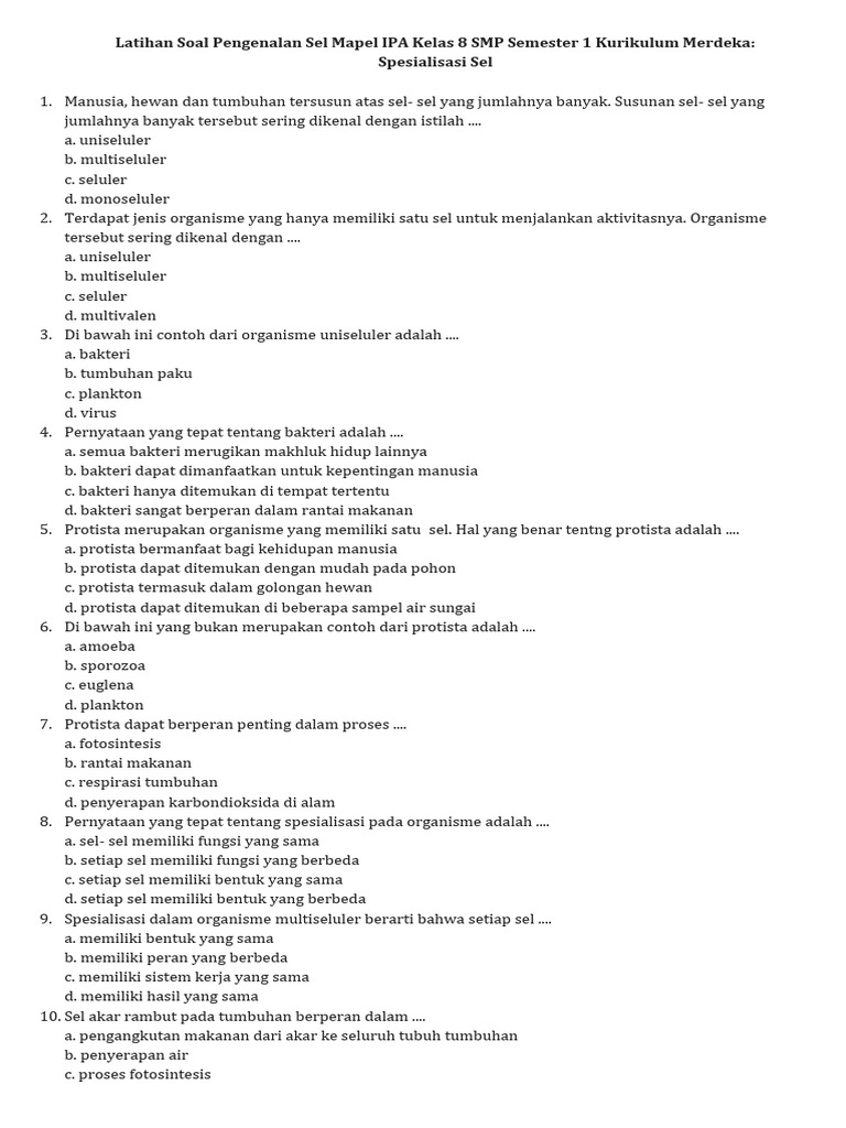 Latihan Soal Pengenalan Sel Mapel IPA Kelas 8 SMP Semester 1 Kurikulum Merdeka | PDF | Griya ...