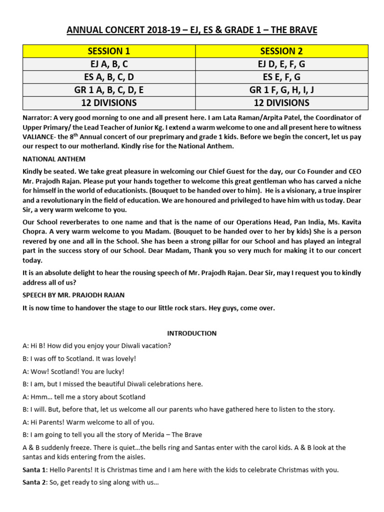 Brave - PP & GRD 1 Annual Concert Script - 2018-19 | PDF
