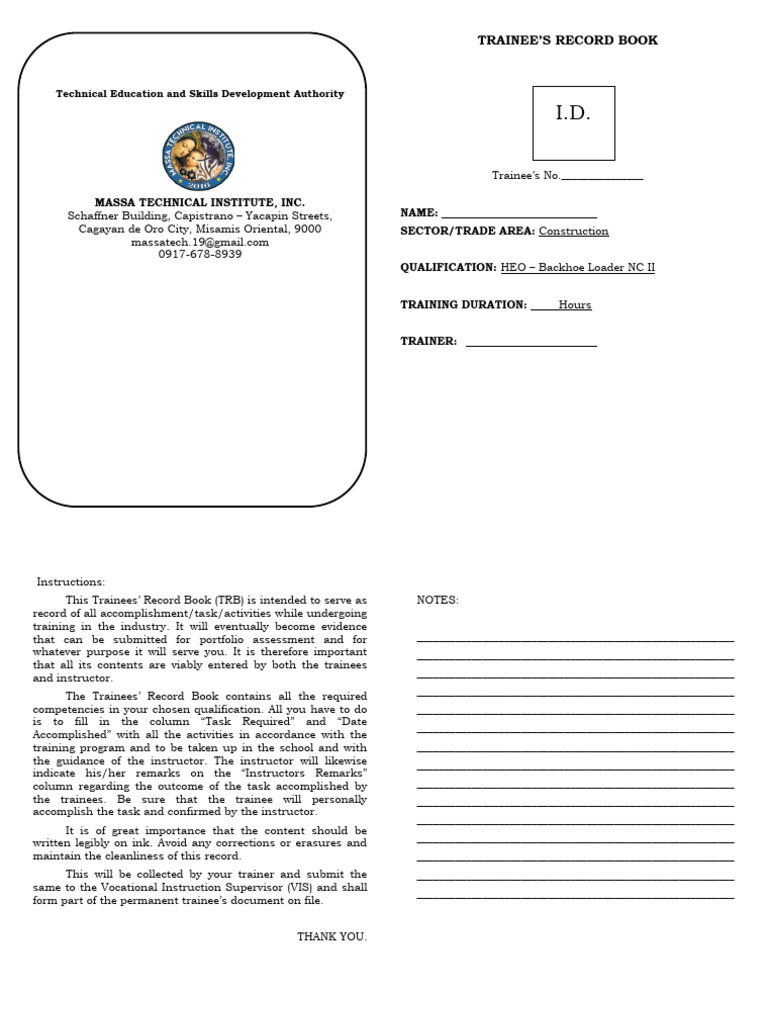 Trainees Record Book Backhoe Loader | PDF