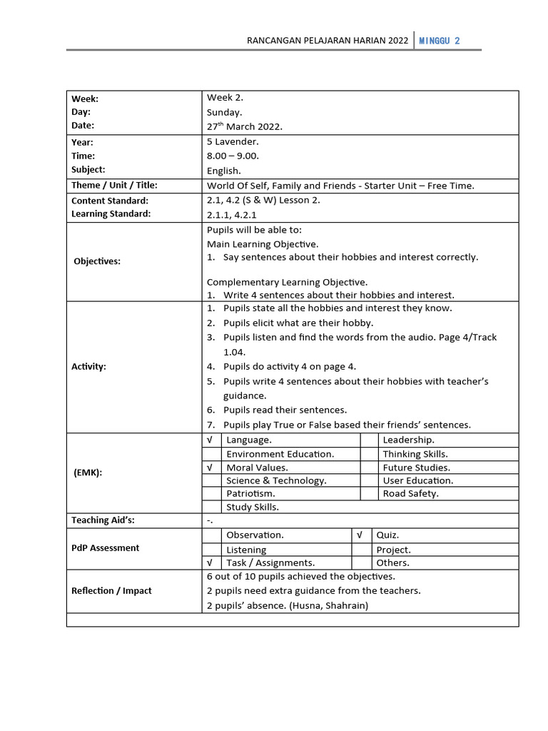 Minggu 2 ( Ahad ) | PDF | Teachers | Learning