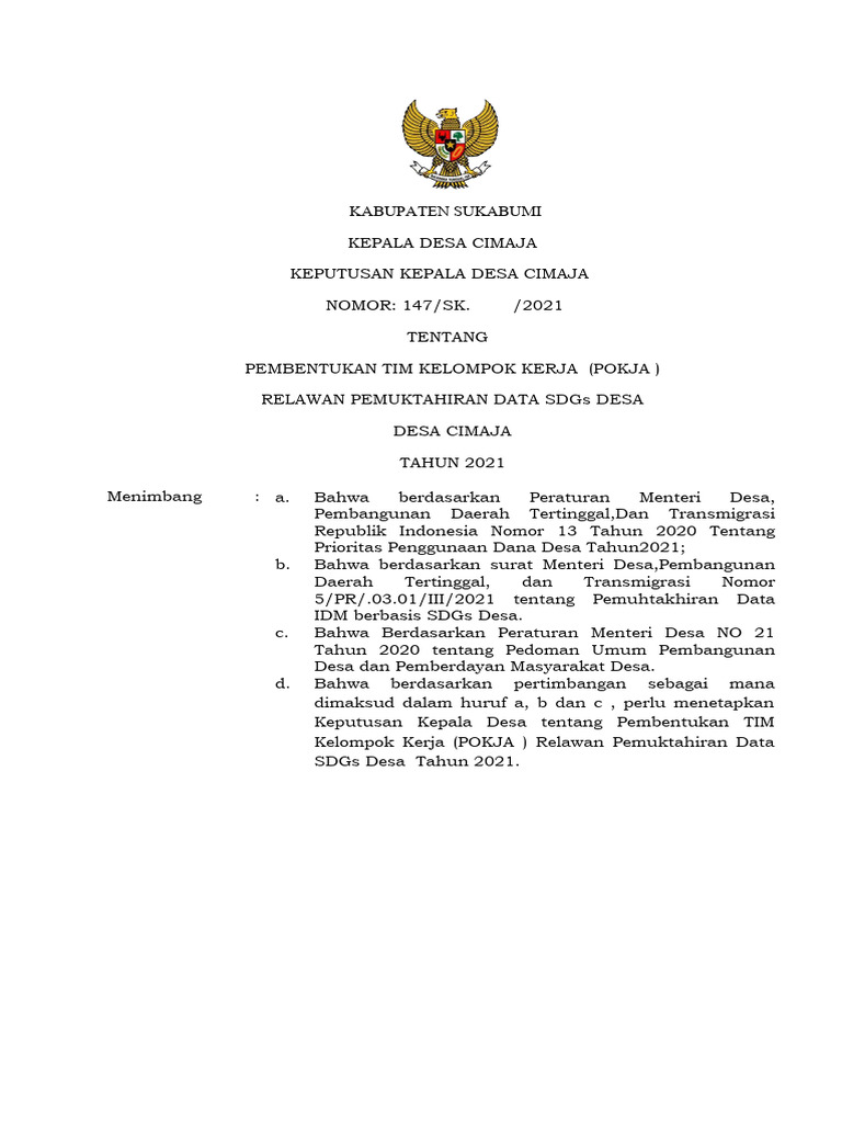 SK TIM POKJA PEMUTAKHIRAN SDGS Desa Dan IDM 2021 | PDF | Pengelolaan Keuangan & Uang