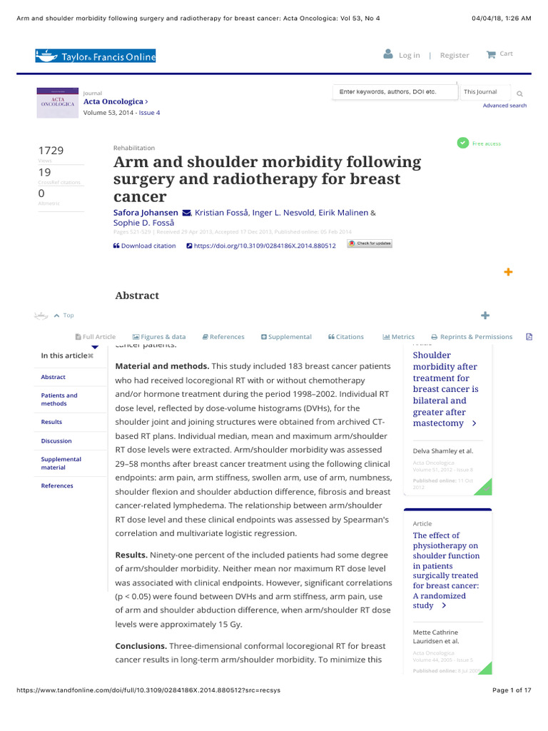Arm and Shoulder Morbidity Following Surgery and Radiotherapy For ...