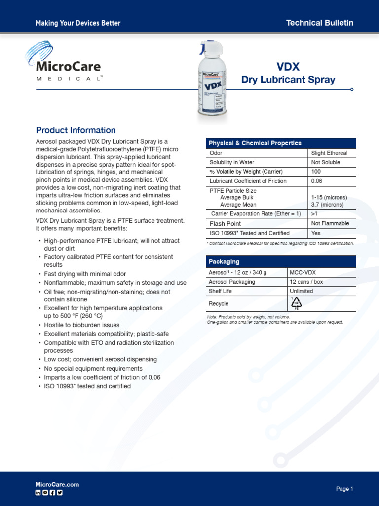 VDX Medical Lubricants US TDS | PDF | Lubricant | Materials