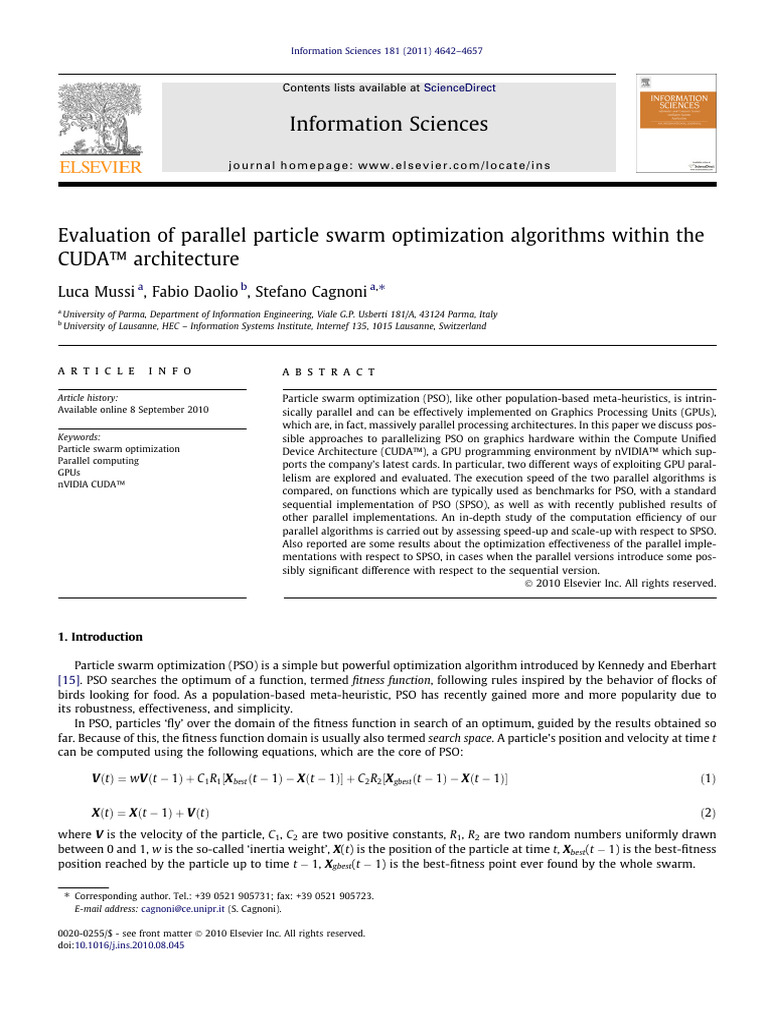 2011 Evaluation Of Parallel Particle Swarm Optimization Algorithms Within The Cuda