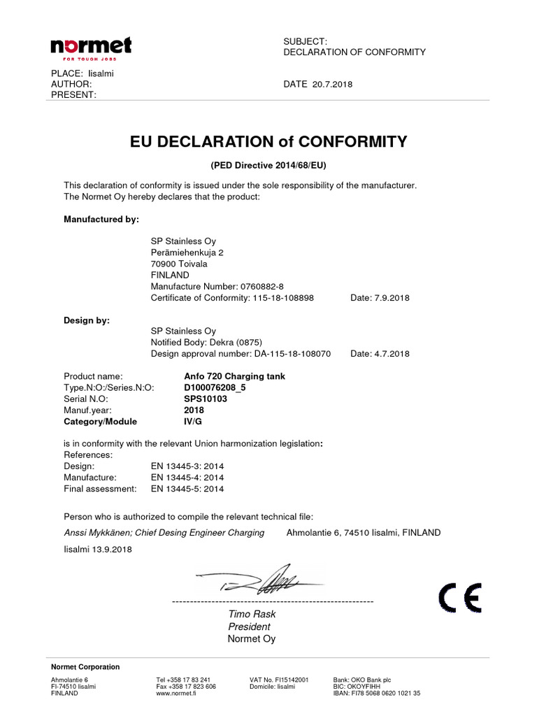 1.1 Declaration of Conformity - Anfo Charging Tank SPS10103-2018 | PDF