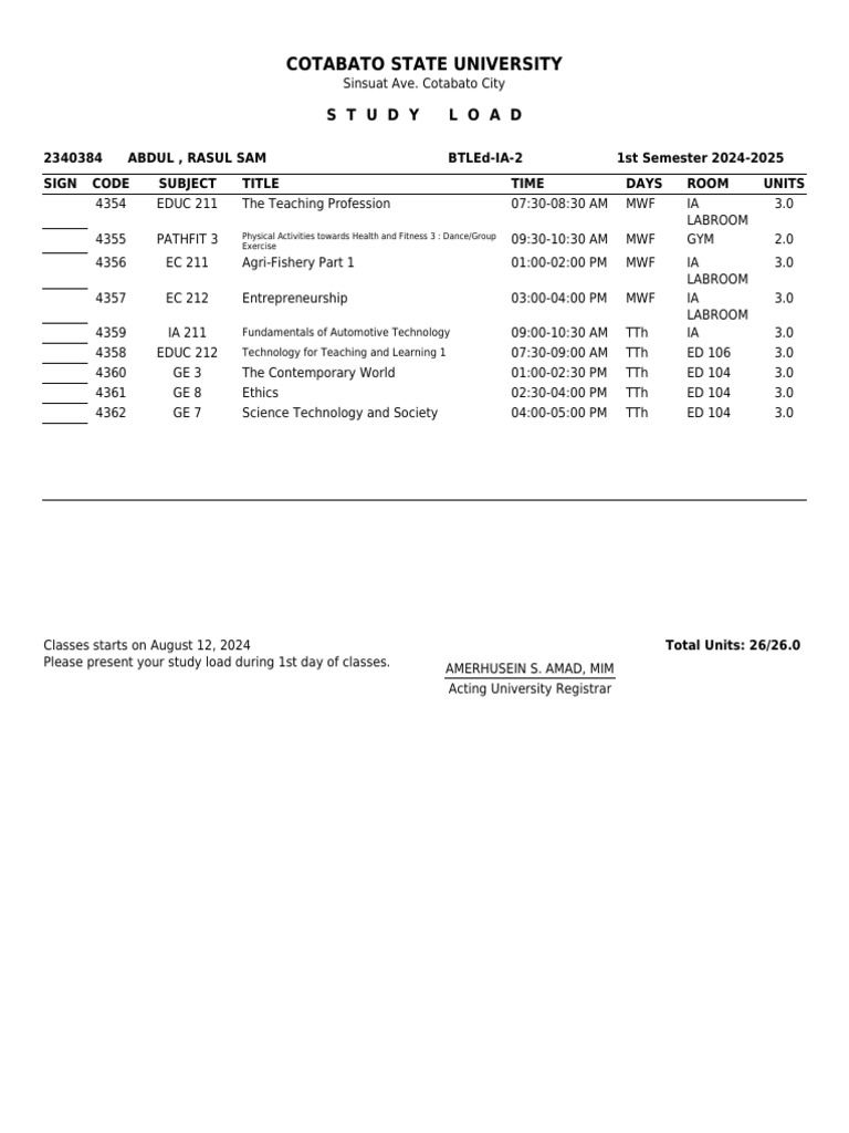 Cotabato State University Study Load 2024 | PDF | Gym | Profession
