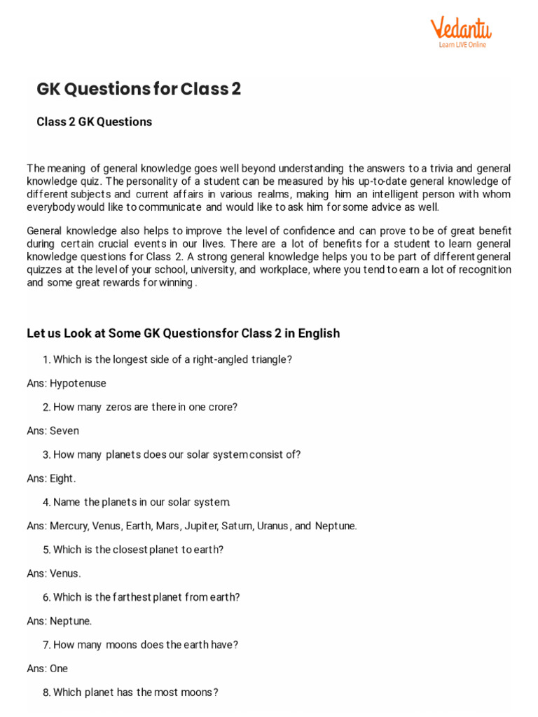 GK Questions for Class 2 | PDF