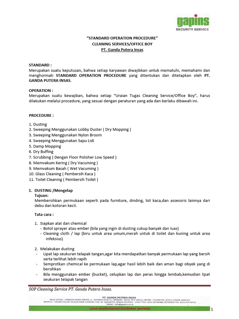 SOP Dasar Cleaning Services - Operations - PT Gapins | PDF