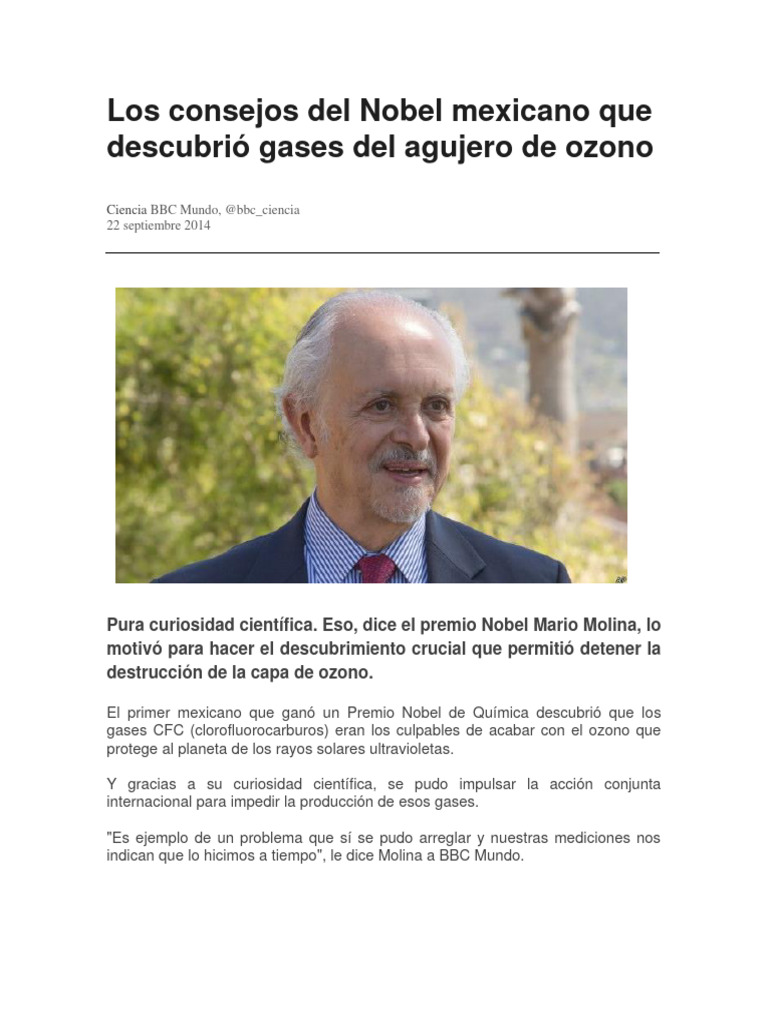 Mario Molina y la recuperación del ozono | PDF | Clorofluorocarbono | Ozono