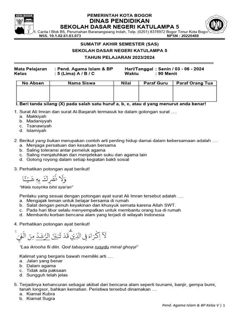 Soal Sas Kelas 5 Semester Genap 2023-2024 | PDF