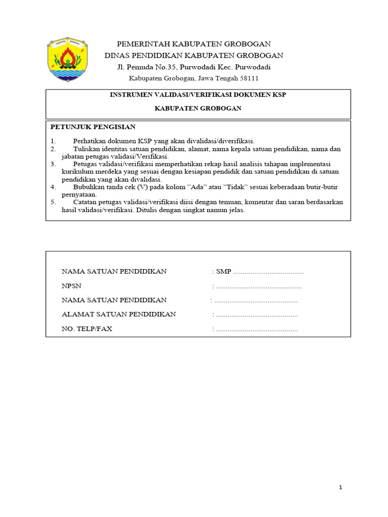 Instrumen Validasi KSP 2024 SMP - Grobogan | PDF