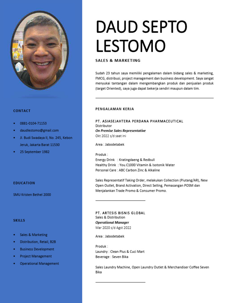 Daud Septo Lestomo Sales Officer Resume | PDF | Market (Economics) | Drink