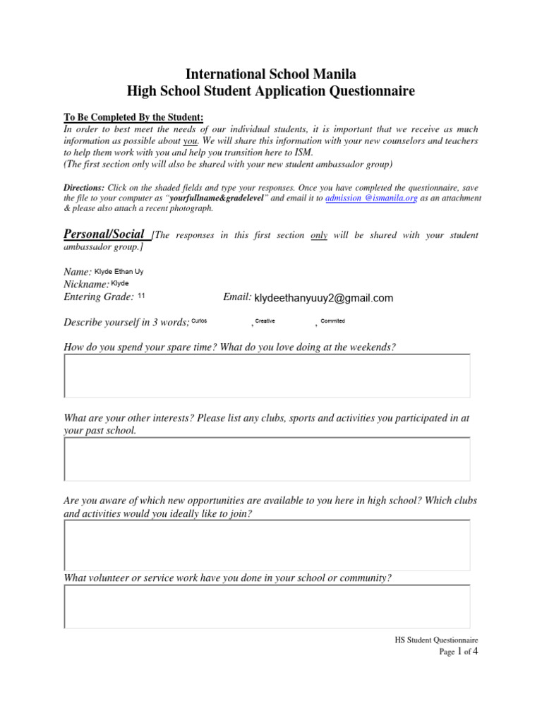 02 High School Student Questionnaire For Grades 9 - 12 | PDF | Wellness