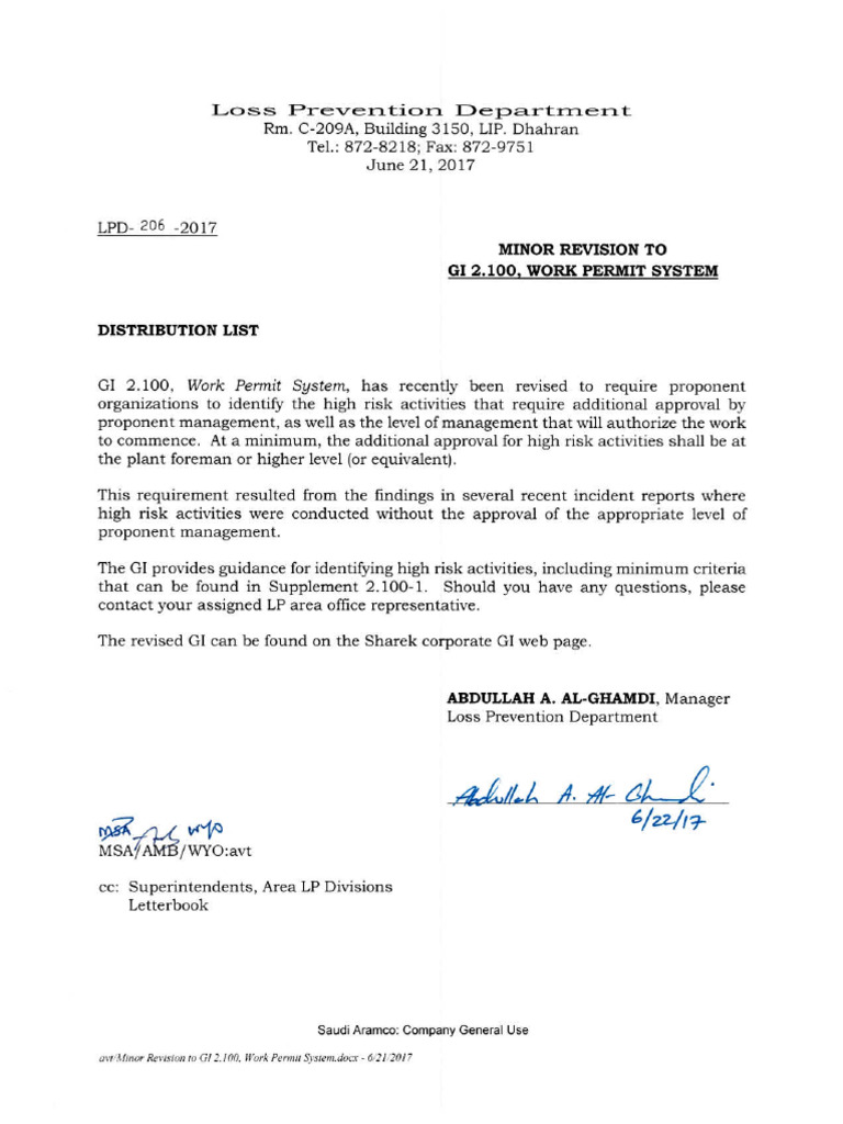 LPD-206-2017 Minor Revision To GI 2.100, Work Permit System | PDF