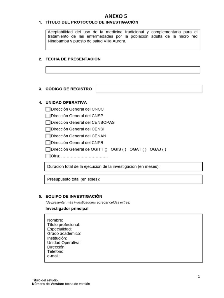 Anexo 5 - Protocolo de Investigación INS (Autoguardado) | PDF | Medicina alternativa | Medicina