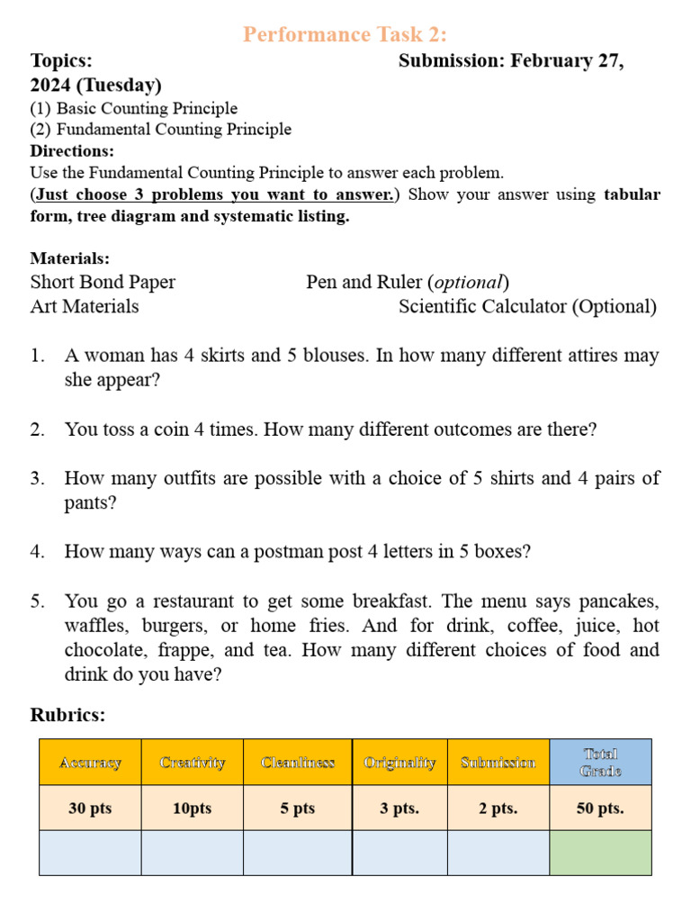 (4-5) Basic and Fundamental Counting Principle (Performance Task 1 ...
