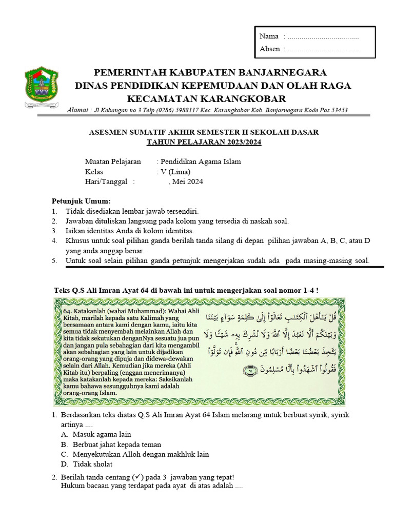 Soal Sumatif Pai KLS 5 | PDF