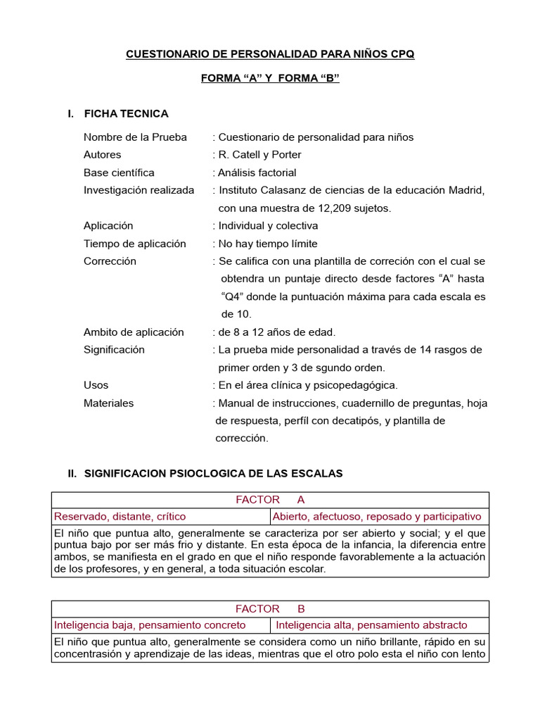 Cuestionario CPQ para Niños de 8 a 12 Años | PDF | Inteligencia | Sicología
