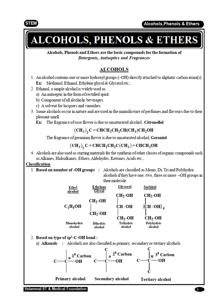 Alcohols, Phenols & Ethers Synopsis | PDF | Aldehyde | Ether