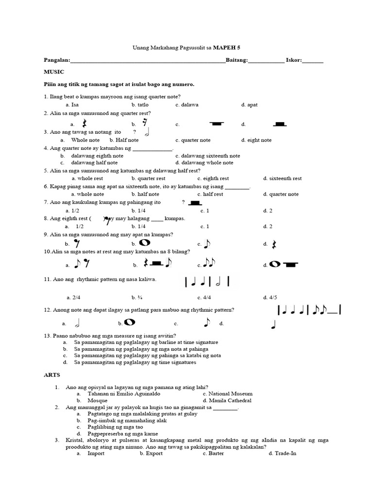 Unang Markahang Pagsusulit Sa MAPEH | PDF