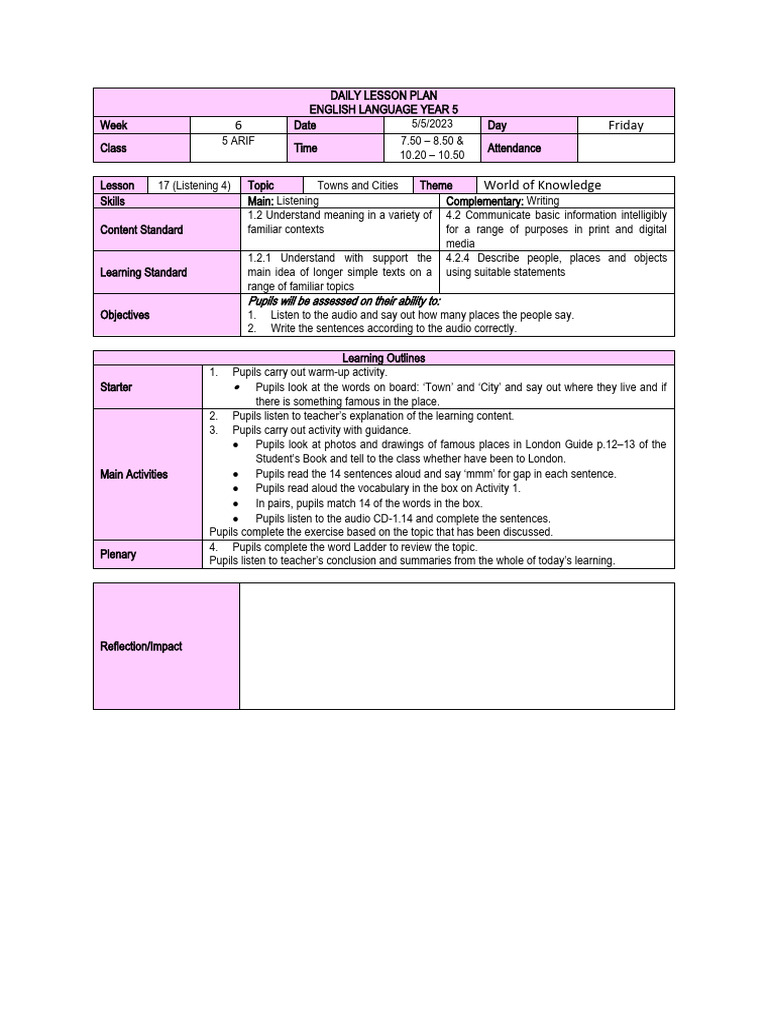 Year 5 English Lesson Plans: Towns & Cities | PDF | Lesson Plan | Learning