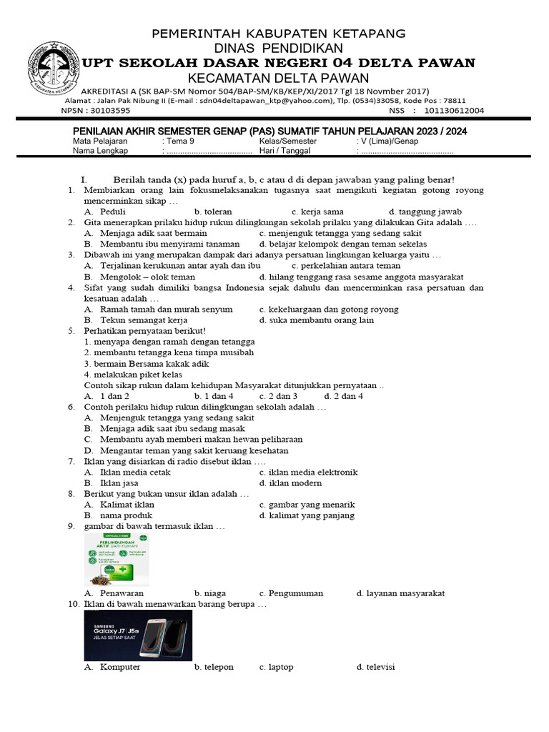 Soal Penilaian Sumatif Tema 9 Kelas 5 2023.2024 | PDF