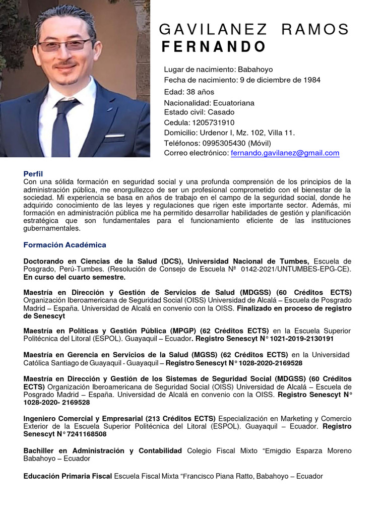 Perfil Profesional de Fernando Gavilanez | PDF | Ecuador | Organización Panamericana de la Salud
