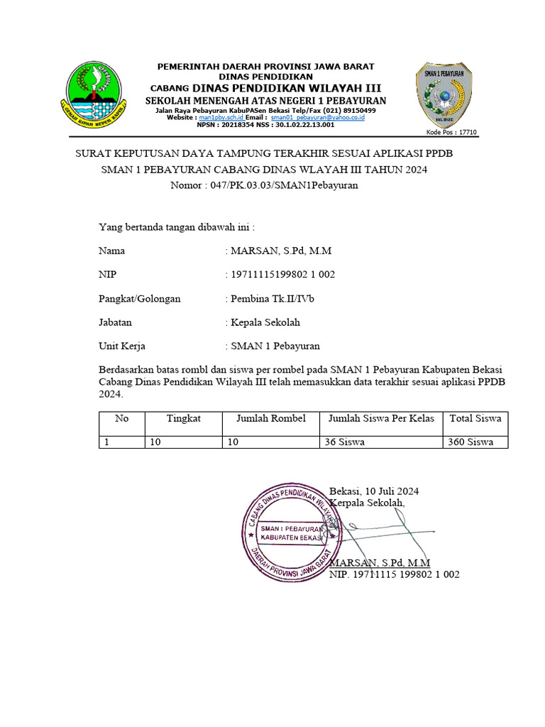 Format Daya Tampung PPDB 2024 | PDF