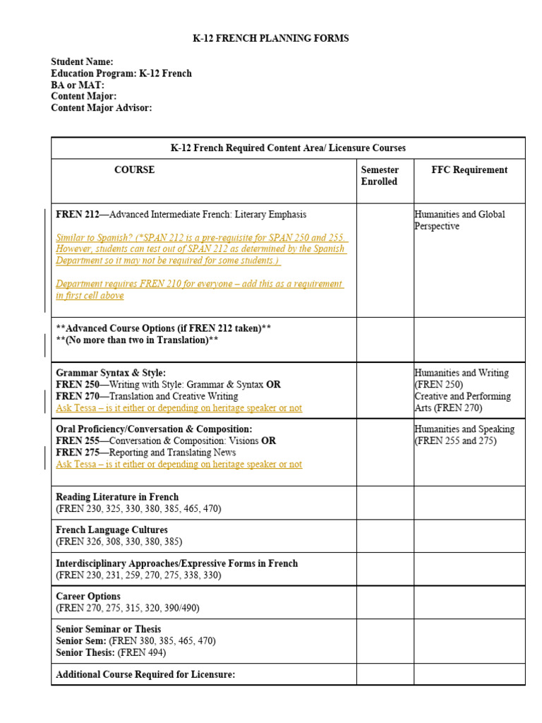 K-12 French Planning Sheet - 072622 | PDF | Social Sciences | French ...
