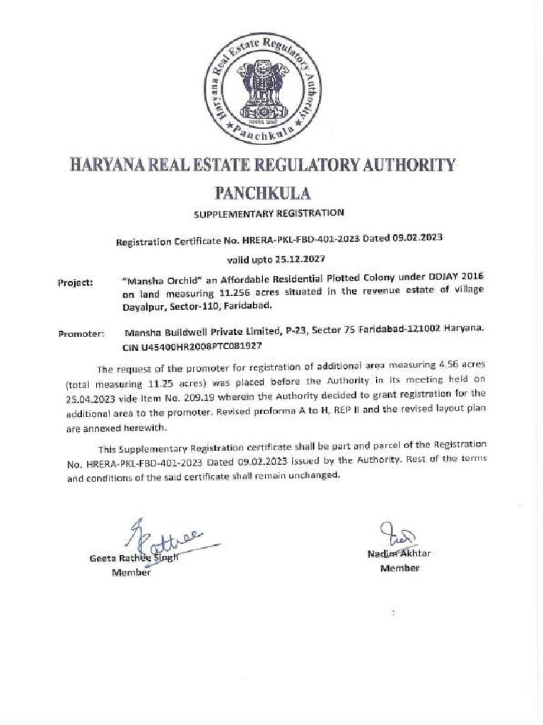 Mansha Orchid RERA Additional Certificate | PDF