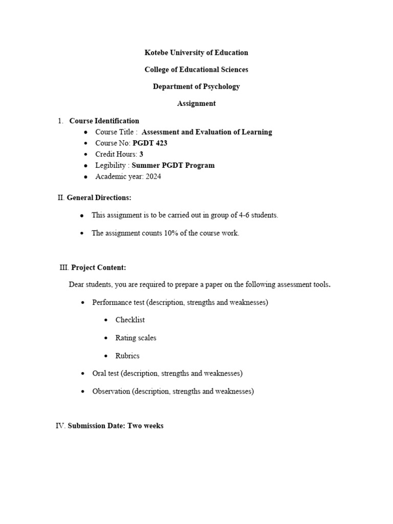 PGDT 423 Assignment on Assessment Tools | PDF