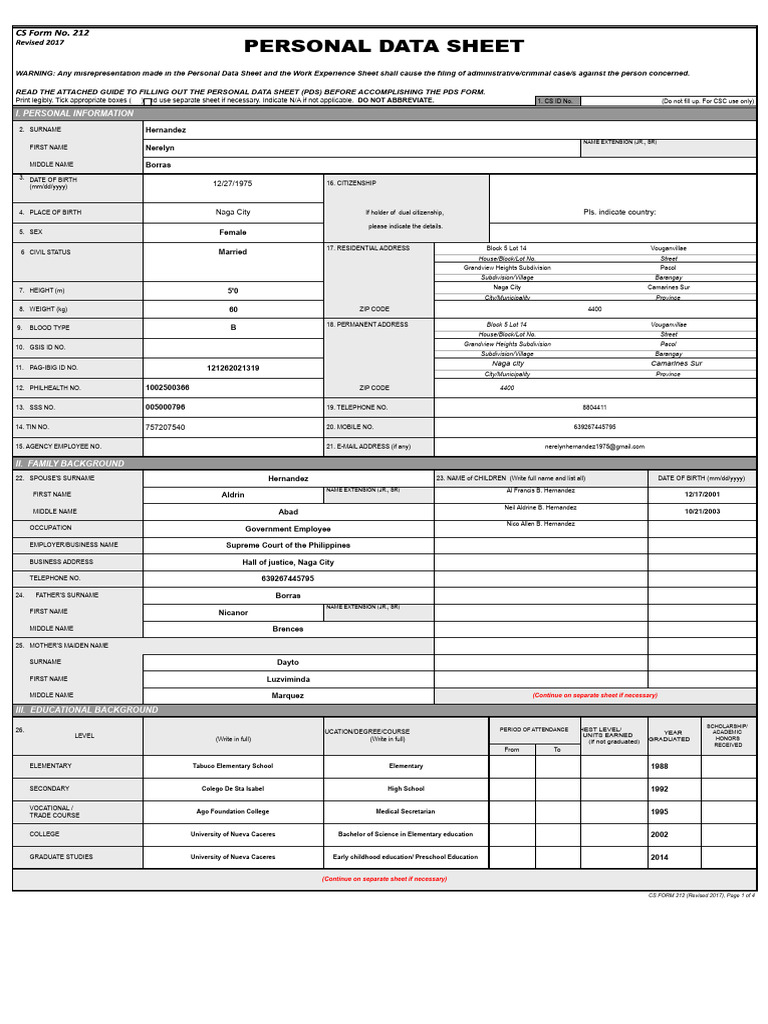 CS Form No. 212 Personal Data Sheet Revised (Long) | PDF | Teachers