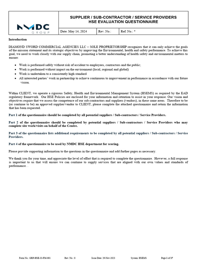 Grp-hse-33-Fm-001 Sup Subcon SP Hse Eval Quest r0 | PDF | Risk | Occupational Safety And Health