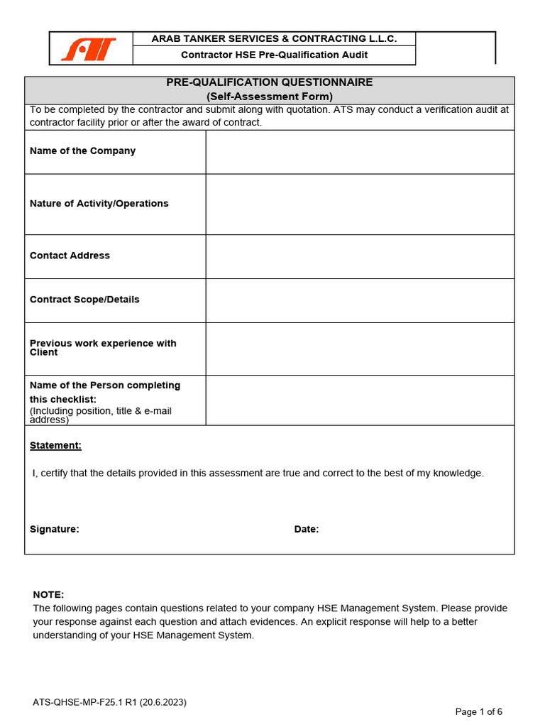 Contractor HSE Pre-Qualification Audit | PDF | Risk | Audit