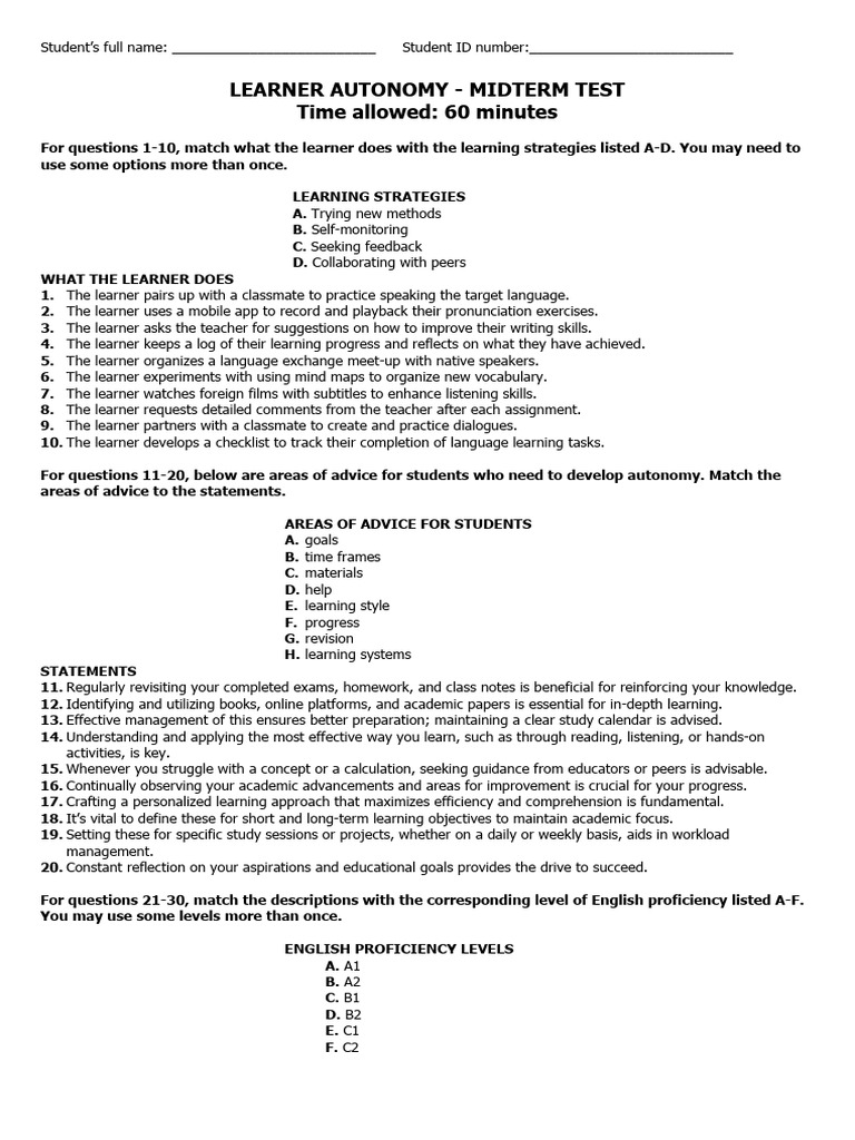 Learner Autonomy Midterm Test Guide | PDF | Learning | Learning Styles