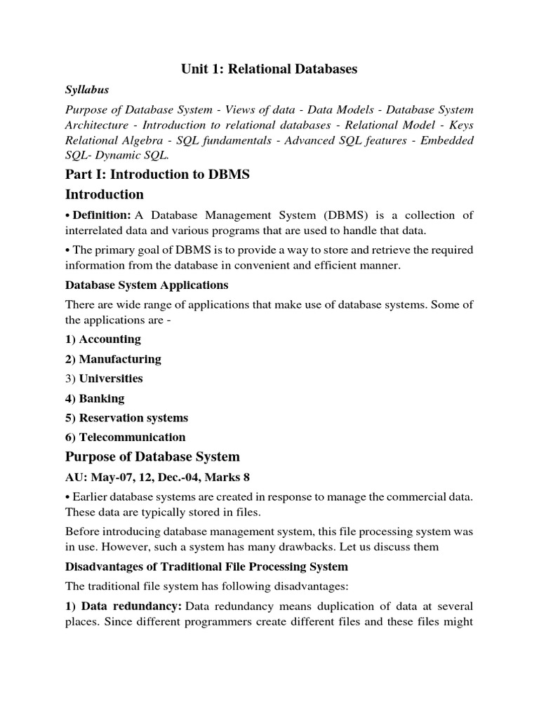 Cs3492 Dbms Unit 1 Pdf Relational Model Databases