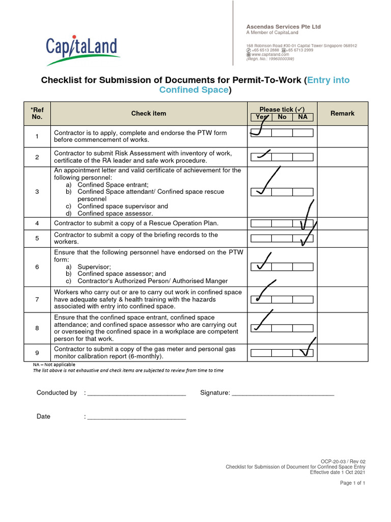 OCP-20-03 Checklist For Submission of Document For Confined Space Entry ...
