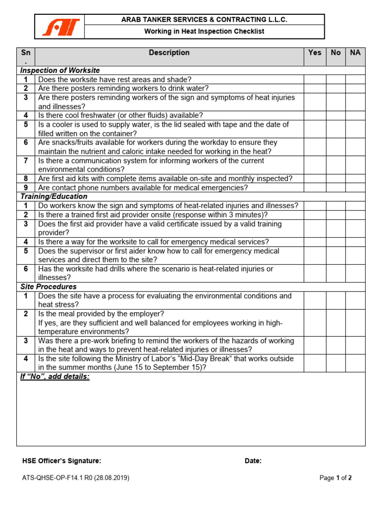 Heat Inspection Checklist for Worksites | PDF | First Aid ...
