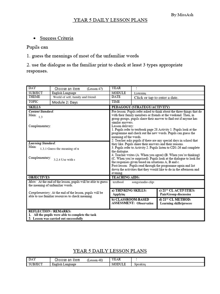 W3 Unit 2 Days E L47 - L52 (M2) (1) | PDF | Lesson Plan | Teachers