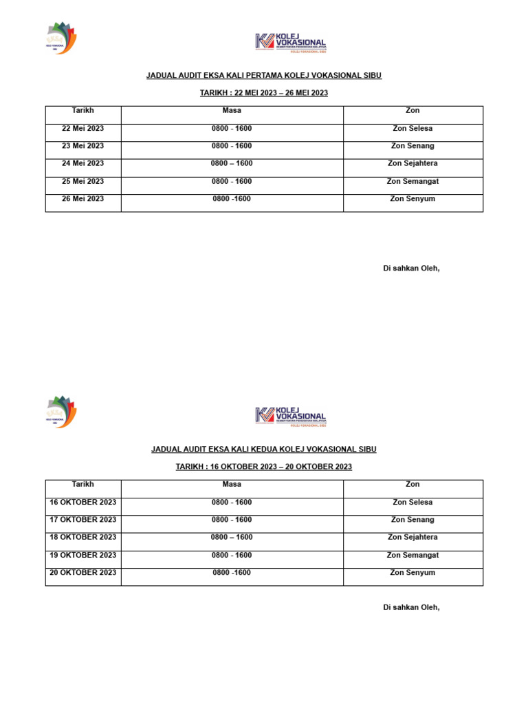 Jadual Audit Eksa Kali Pertama Kolej Vokasional Sibu | PDF