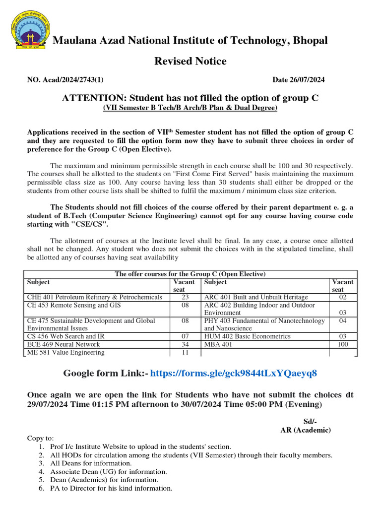 Revised NOTICE FOR STUDENTS - Open Electives Choice Filling June 2024 | PDF | Engineering