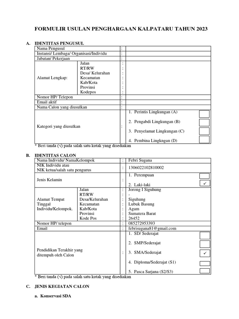 Formulir Penghargaan Kapataru Tahun 2023 Okk | PDF