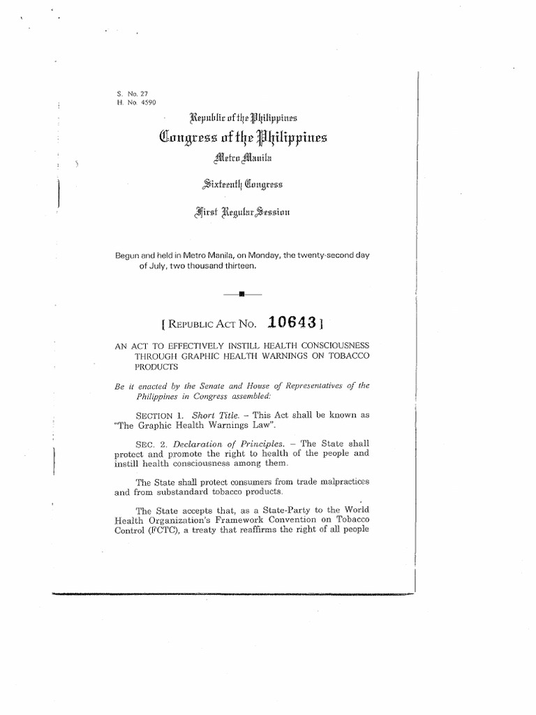Philippines GHW Law Act No. 10643 Native | PDF | Cigarette