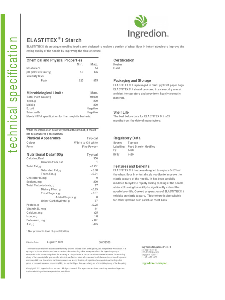 Ingredion - Tapioca Modify Starch - Spec | PDF | Starch | Foods